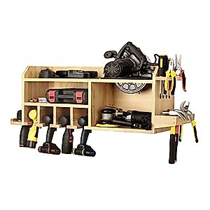 Aomomery Power Tool Organizer,Wood Tool Chest,Drill Holder Storage with 5 Tool organizer Slots,Cordless Drill Storage with Screwdriver Rack, Solid Wooden Tool Storage for Garage,Warehouse