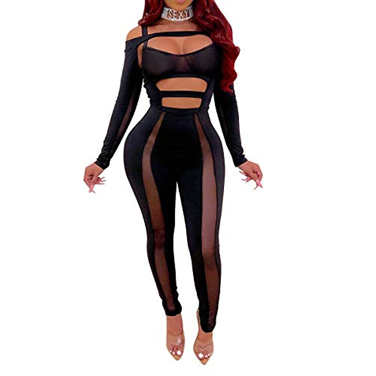 Uni Clau Women's Sexy See Through Jumpsuit Sheer Mesh Hollow Out Criss Cross Bodycon Jumpsuits One Piece Club Rompers Black XL