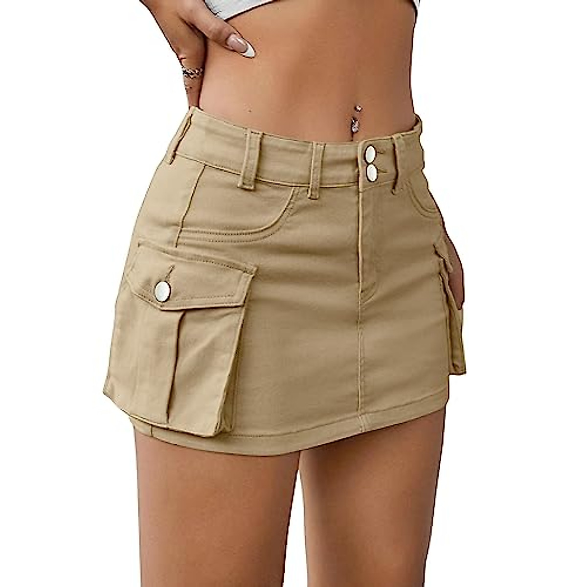 Cargo Skirt Jean Skirt Mini Skirt y2k Jean Skirt for Women Cargo Skirt y2k Cargo Mini Skirt Cargo Skirts for Women Women's Casual Low Waisted Solid Button Up Denim Jean Skirt Khaki