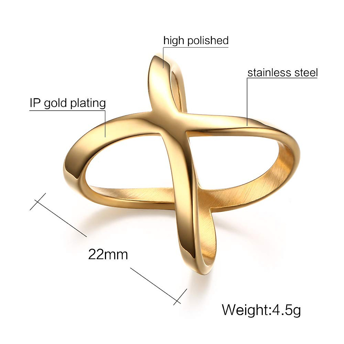 MEALGUET Gold Plated Stainless Steel X Criss Cross Statement Ring for Women Stackable Gold-tone Fashion Party Cocktail Rings Wide Band,size 9