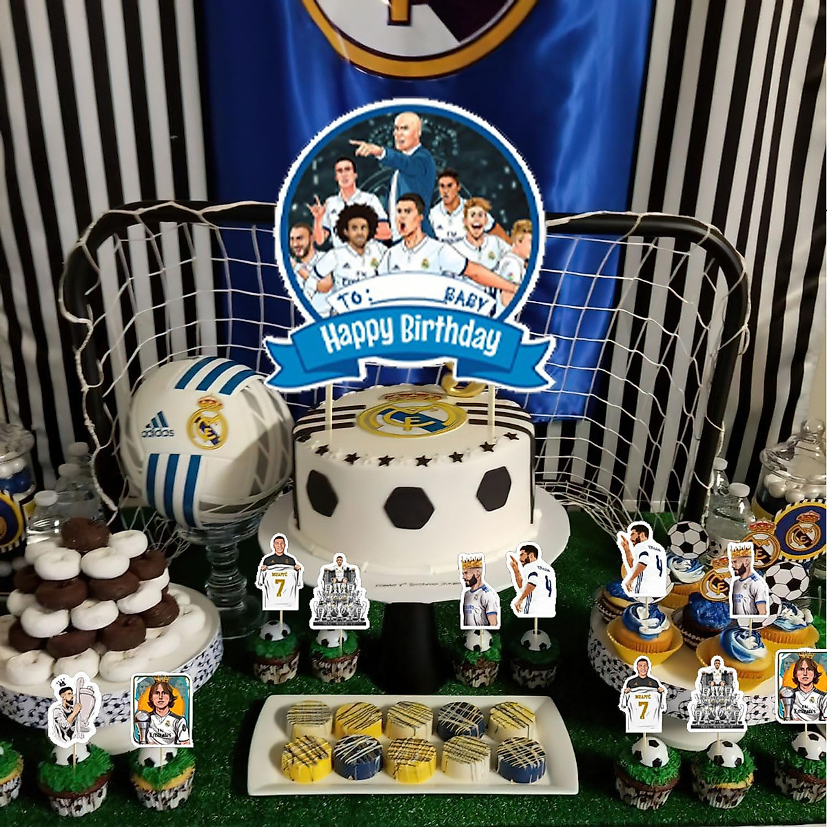 Real Madrid CF Party Decorations,Soccer Birthday Party Supplies Includes Banner - Cake Topper - 12 Cupcake Toppers - 18 Balloons