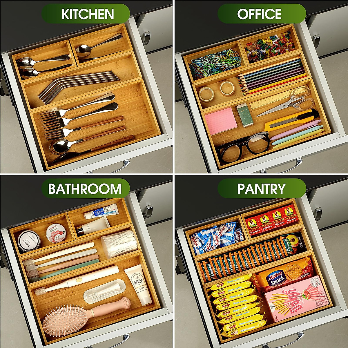 MaxGear Bamboo Kitchen Drawer Organizer, 18x15x2 Inches with 6 Adjustable Compartments, Utensils Cutlery and Flatware Storage for Silverware and Kitchen Accessories