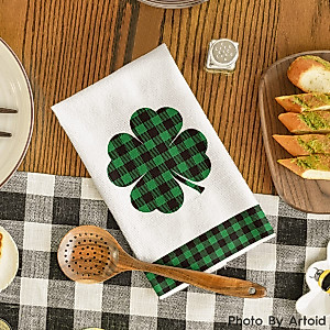 Artoid Mode Buffalo Plaid Lucky Clover Shamrock Truck Kitchen Dish Towels, 18 x 26 Inch Seasonal St. Patrick's Day Ultra Absorbent Drying Cloth Tea Towels for Cooking Baking Set of 2