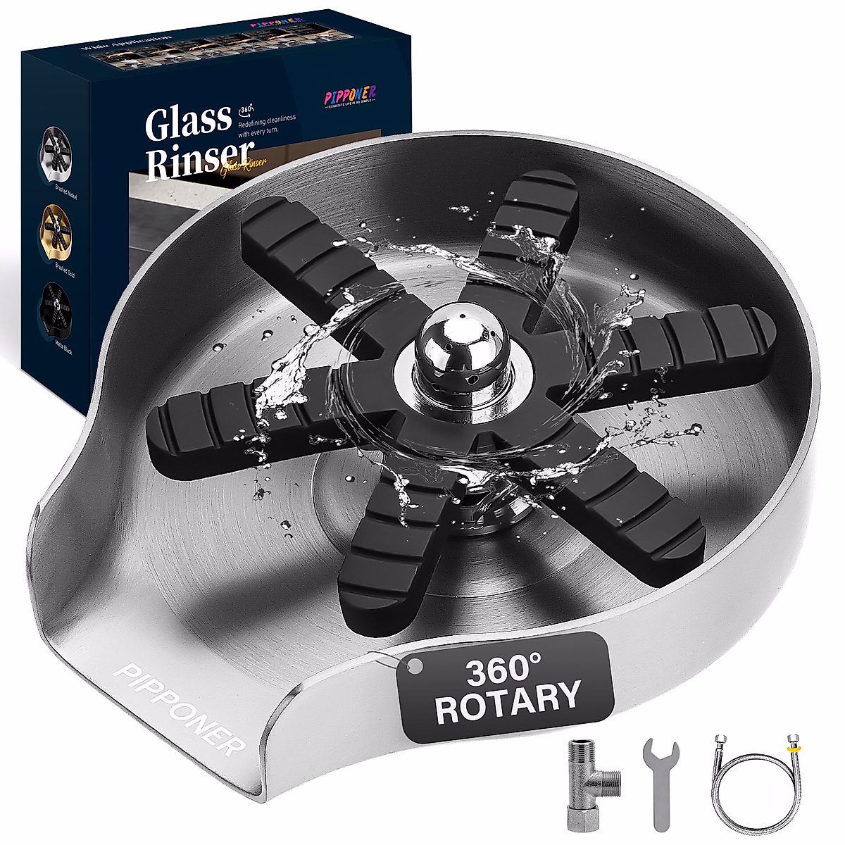 PIPPONER Stainless Steel Glass Rinser for Kitchen Sink,Upgraded 360°Rotating Jet Cup Washer for Sink,Cup Cleaner for Bar Sink Attachment(Brushed Nickel)