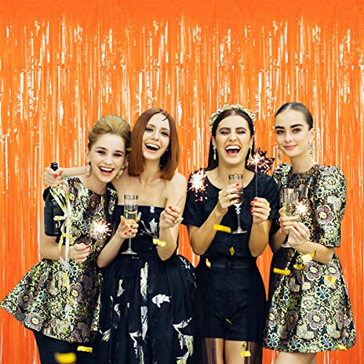 BTSD-home Orange Foil Fringe Curtain, Metallic Photo Booth Backdrop Tinsel Door Curtains for Wedding Birthday Bridal Shower Baby Shower Bachelorette Christmas Party Decorations(4 Pack, 8ft x 3ft)