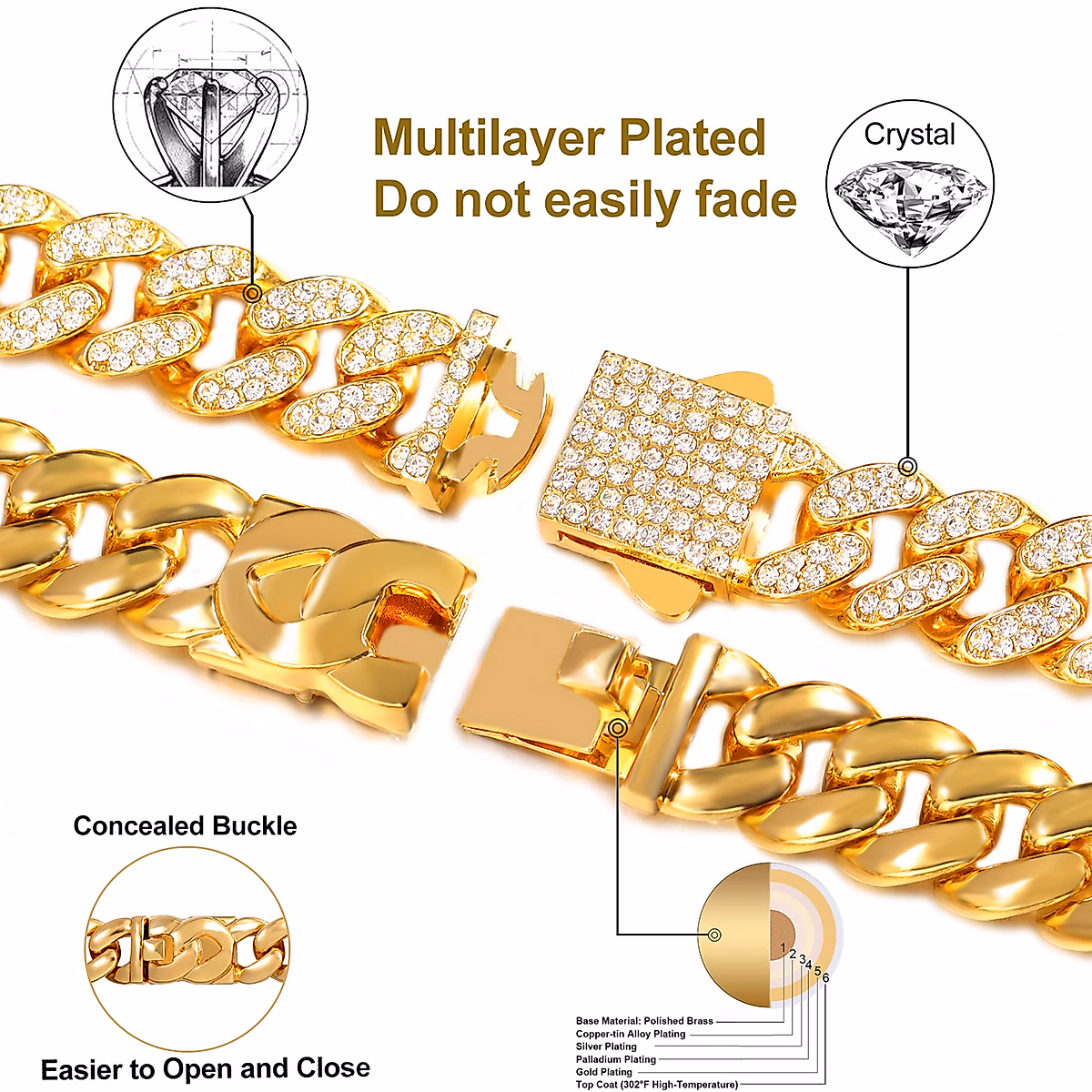 DLSIXNCO 2PCS Cuban Link Chain for Men Women Miami Cuban Link Chain Necklace Gold Silver Plated Bling Diamond Chain Trendy Choker Chain Necklaces Jewelry for Men (Gold, 16inch+18inch)