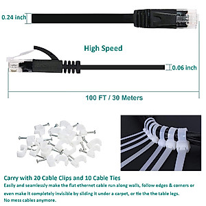DAYEDZ Ethernet Cable 100 ft 2 Pack Cat 6 Flat Cable Ethernet Cord, Slim Long Cat6 High Speed Computer Router Network LAN Patch Wire with Clips & Rj45,Faster Than Cat5e/Cat5,100 feet White+Black