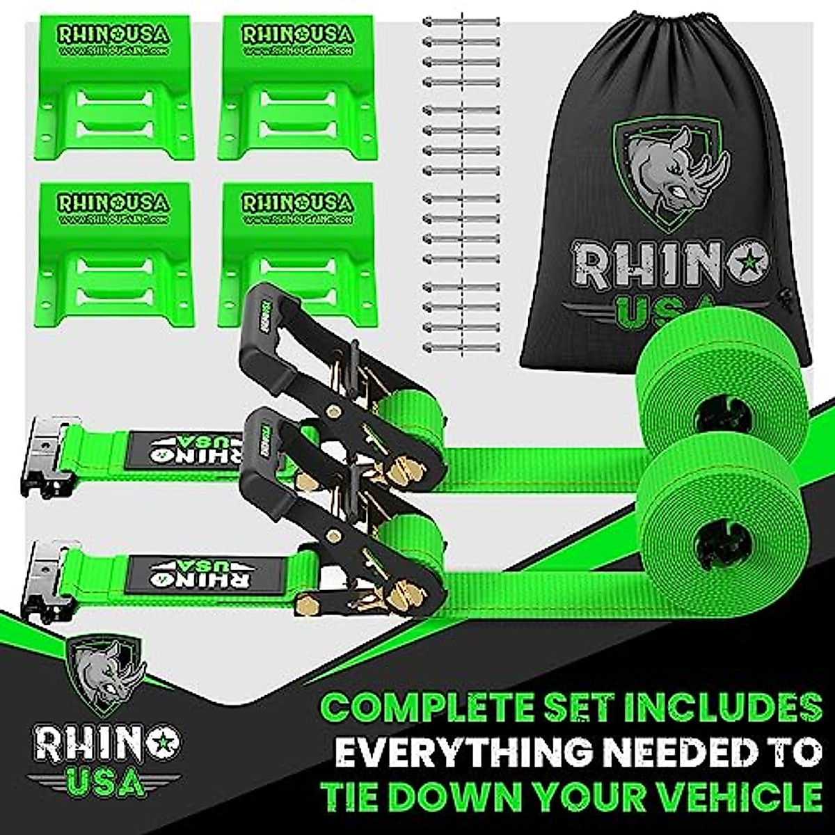 Rhino USA Wheel Chock Tie Down Kit (1,986lb Break Strength) Ultimate Heavy Duty Trailer Tire Straps System for ATV, UTV, Lawn Mower & More - Ratchet Tie Downs Accessories with E Track for Four Wheeler