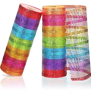 Christmas Deco Mesh Wreath Supplies Deco Mesh 10 Inch Ribbon Poly Mesh Ribbon Colorful Metallic Mesh Ribbon for Christmas Tree Party Wedding Garland,10 Inch x 30 Feet (2 Rolls)