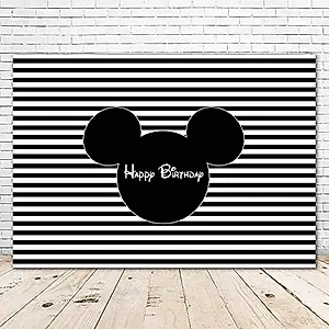Mickey Mouse Backdrop Happy Birthday 7x5 Black and White Mickey Mouse Ears Background for Boy First Birthday Party Classic Mickey Mouse Vinyl Banner Dessert Table Cloth