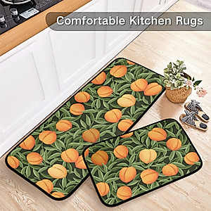 ALAZA Peaches Green Leaves Kitchen Rug Set, 2 Piece Set, Non-Slip Floor Mat for Living Room Bedroom Dorm Home Decor, 19.7 x 27.6 Inch + 19.7 x 47.2 Inch