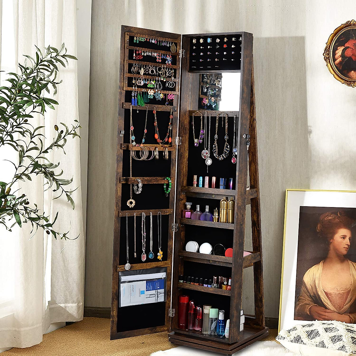 HOUAGI Mirror Jewelry Cabinet Standing,360°Rotating Jewelry Armoire Organizer with Full Length Mirror,Rear Storage Shelves,Built-in Small Mirror (Antique Gray)