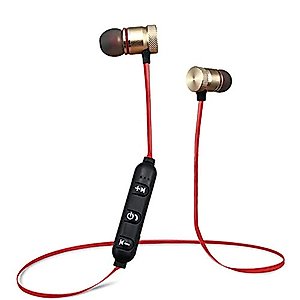 Acuvar Wireless Magnetic Rechargeable Ear Buds, in line mic, Volume, Play/Pause Controls (Gold/Red)