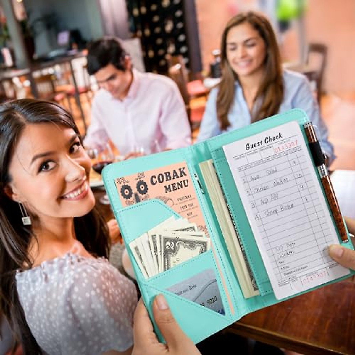 CoBak Server Book - Waitress Book Organizer with Zipper Pouch for Restaurant Waitstaff, 5 Large Pockets with Pen Holder, Mint Green.