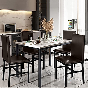AWQM 5 Pieces Dining Table Set, Kitchen Table Set with Faux Marble Top Table and 4 Faux Leather Upholstered Chairs for Kitchen, Breakfast Nook, Dining Room, Black