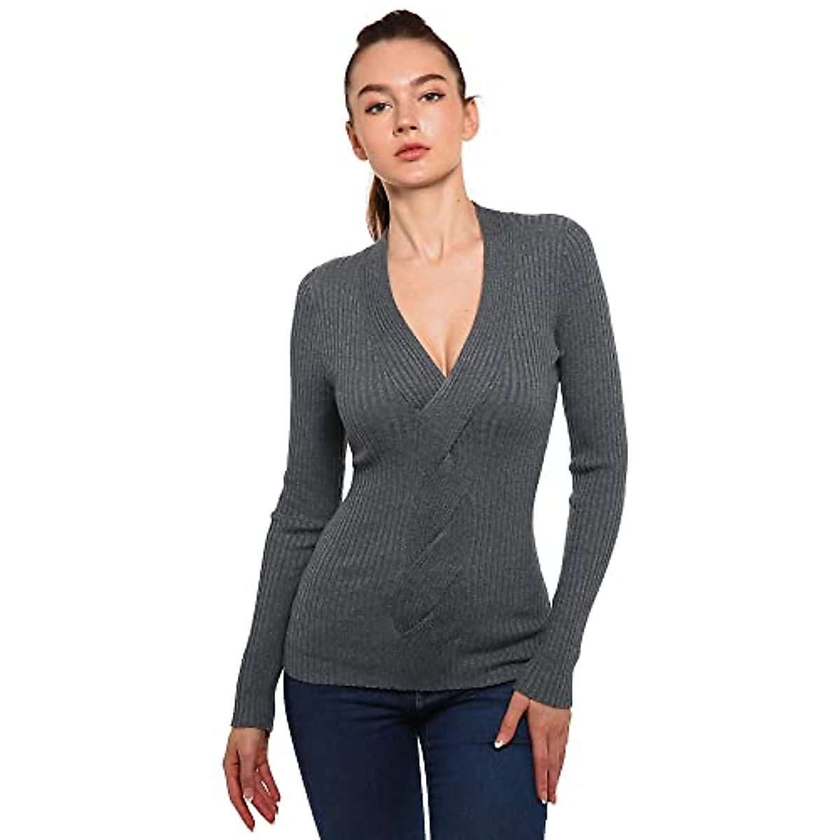 AmélieBoutik Women V Neck Twist Front Cable Knit Long Sleeve Ribbed Sweater (Dark Gray Small)