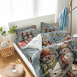 Christmas Snowman Winter Snowflakes Duvet Cover Sets 4 Piece Full Ultra Soft Bed Quilt Cover Set for Kids/Teens/Women/Men,Xmas Stocking Retro Linen Blue Bedding Collection All Season Use