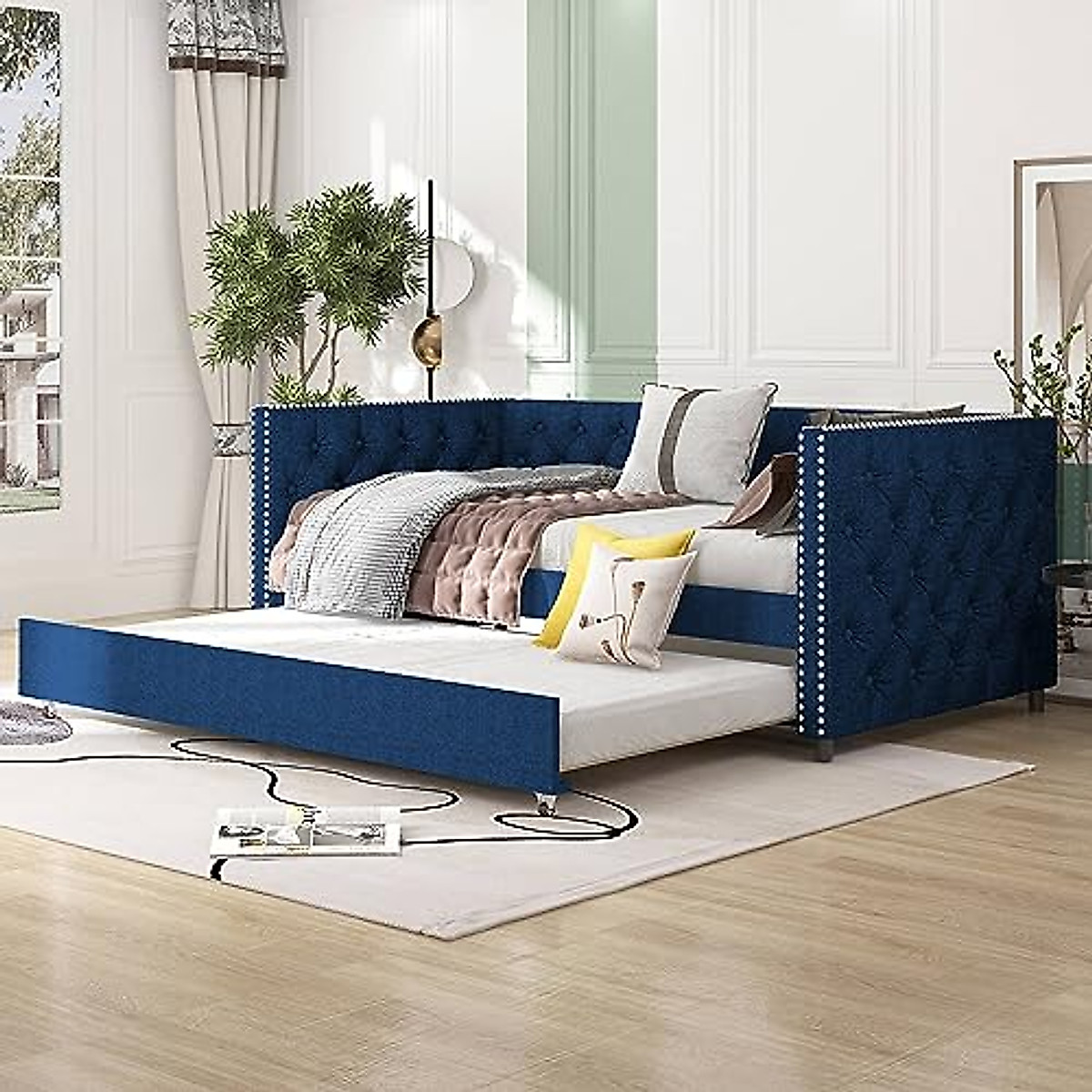 CECER Space Saving Pull Out Sleeper Sofa Bed, Button Tufted Couch Bed with Riveted Design, Daybed with Trundle, Daybed for Apartment Living Room Bedroom Office, Navy Blue