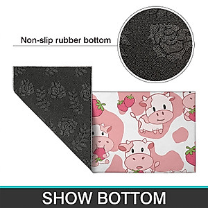 Brilbcu Strawberry Cow Kitchen Mats Set 2 Piece Pink Strawberry Cow Decorative Rugs for Kitchen Low-Profile Strawberry Cow Floor Mats Decorations for Home Kitchen (17x48+17x24 Cute Cow Kitchen Rug)