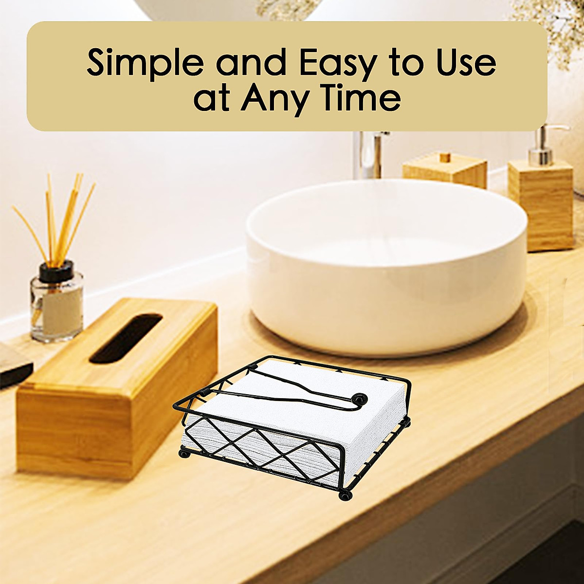 Napkin Holder for Table, Square Paper Napkin Holders with Weighted Arm, Elegant Rustic Metal Modern Napkin Holder for Kitchen, Countertops & Outdoor Tables, Dining Room (Black)