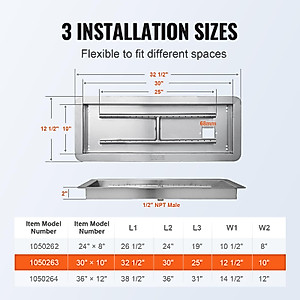 VEVOR 30 x 10 inch Drop-in Fire Pit Pan, Rectangular Stainless Steel Fire Pit Burner Kit,Propane Gas Fire Pan 125,000 BTU with H-Burner for Indoor or Outdoor Use