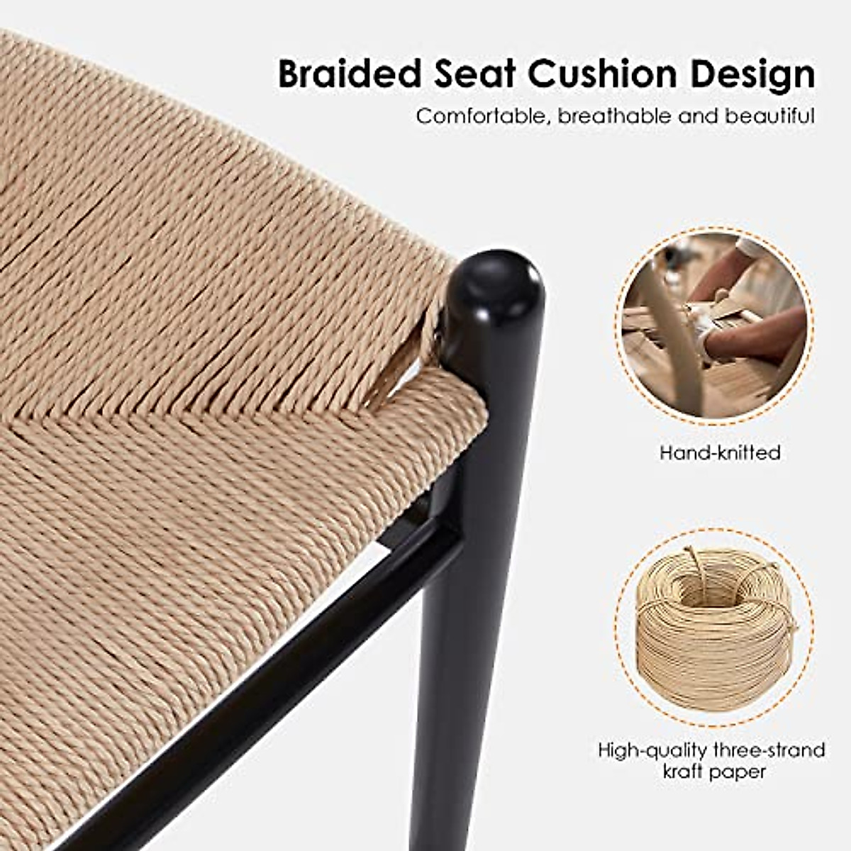 Farini Wishbone Chairs for Dining Room Solid Wood Rattan Chair Armchairs Y Shaped Backrest Hemp Seat for Home Restaurant Fully-Assembled(Set of 2,Black-Beige Seat)