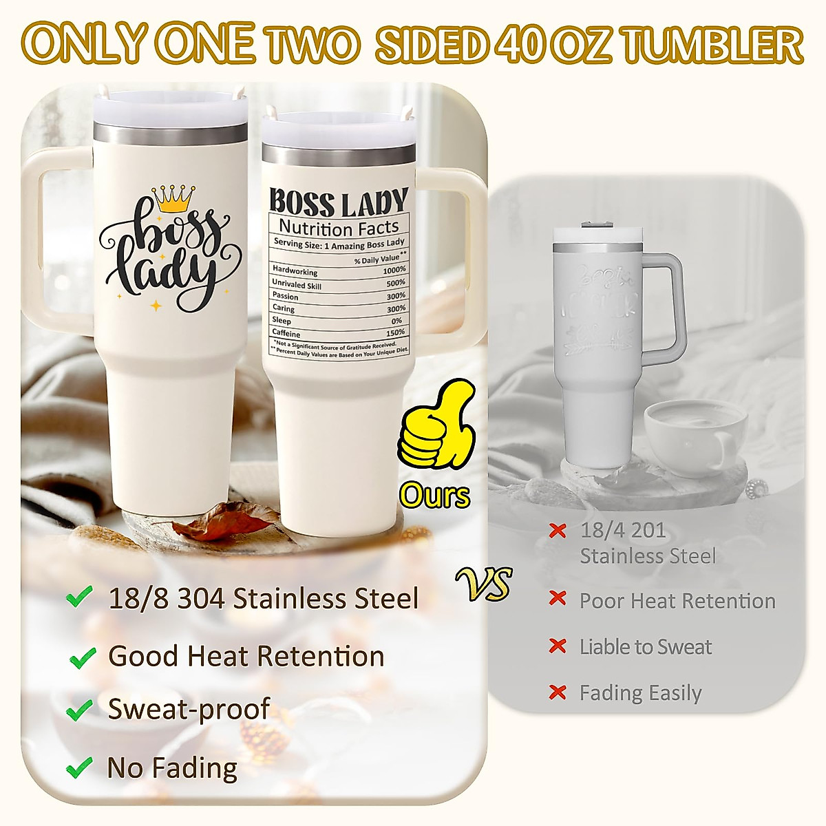 LiqCool Boss Gifts for Women, Best Boss Lady Gifts - 40 oz Tumbler with Handle and Straw Lid, Great Gift Idea for Boss Manager Friends, Female Boss Gifts for Bosses Day Birthday Christmas(Cream)