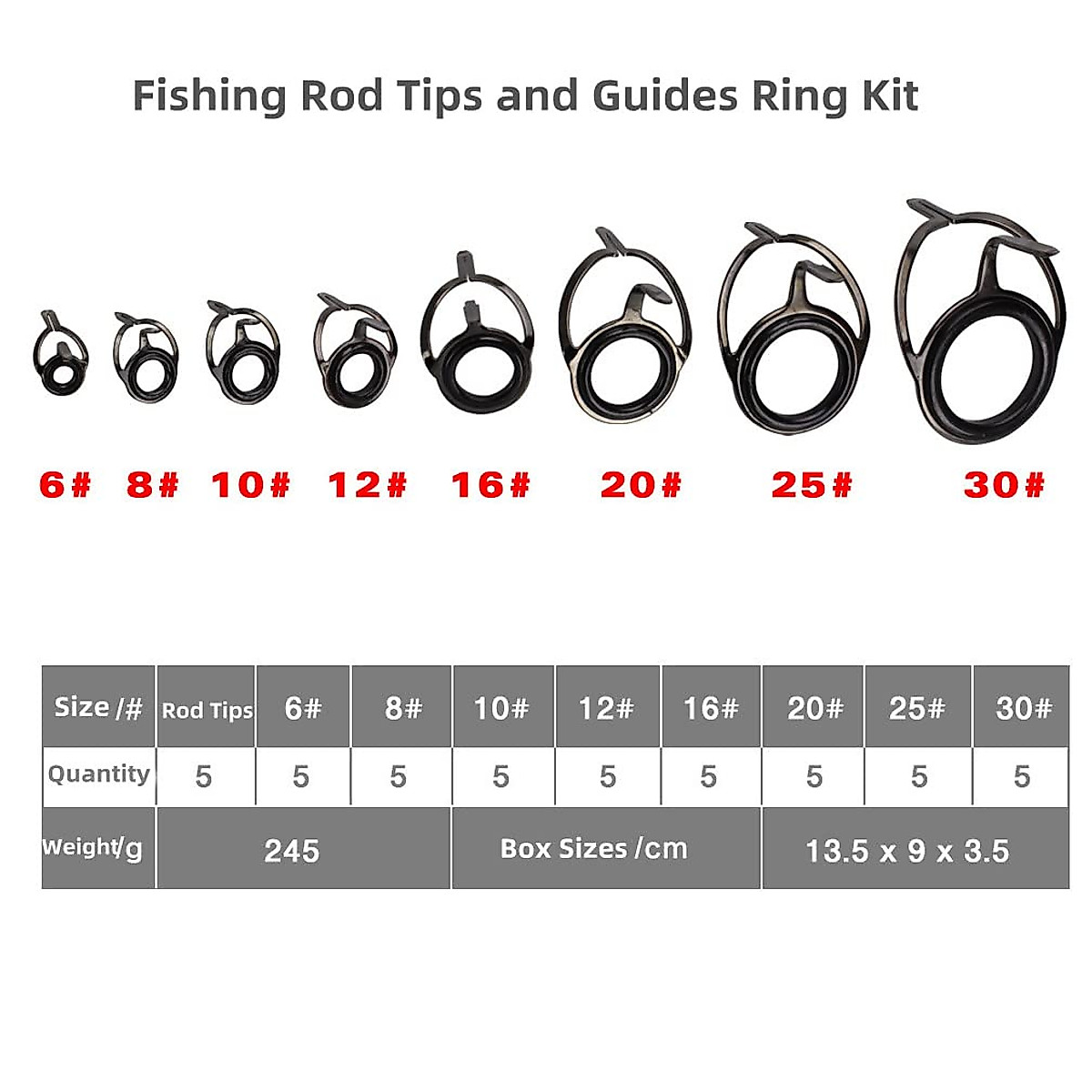 45pcs/Box Fishing Rod Repair Kit, Fishing Rod Tips and Guides Replacement Kit, Ceramic Guide Ring Fishing Pole Tip Repair Kit Fishing Rod Eyes Repair Guides