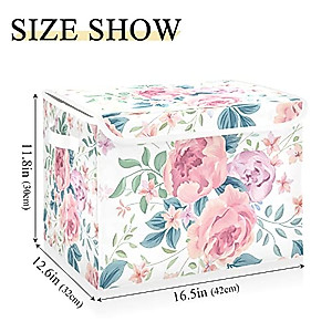 Kigai Storage Basket Pink Rose Flower Floral Storage Boxes with Lids and Handle, Large Storage Cube Bin Collapsible for Shelves Closet Bedroom Living Room, 16.5x12.6x11.8 In