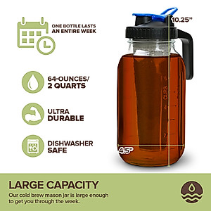 Modern Innovations Cold Brew Mason Jar (64 oz) Ice Coffee Making at Home, 2 Quart Cold Brew Maker for Iced Coffee and Tea, Cold Brew Glass Pitcher with Stainless Steel Filter, Cold Brew Coffee Maker
