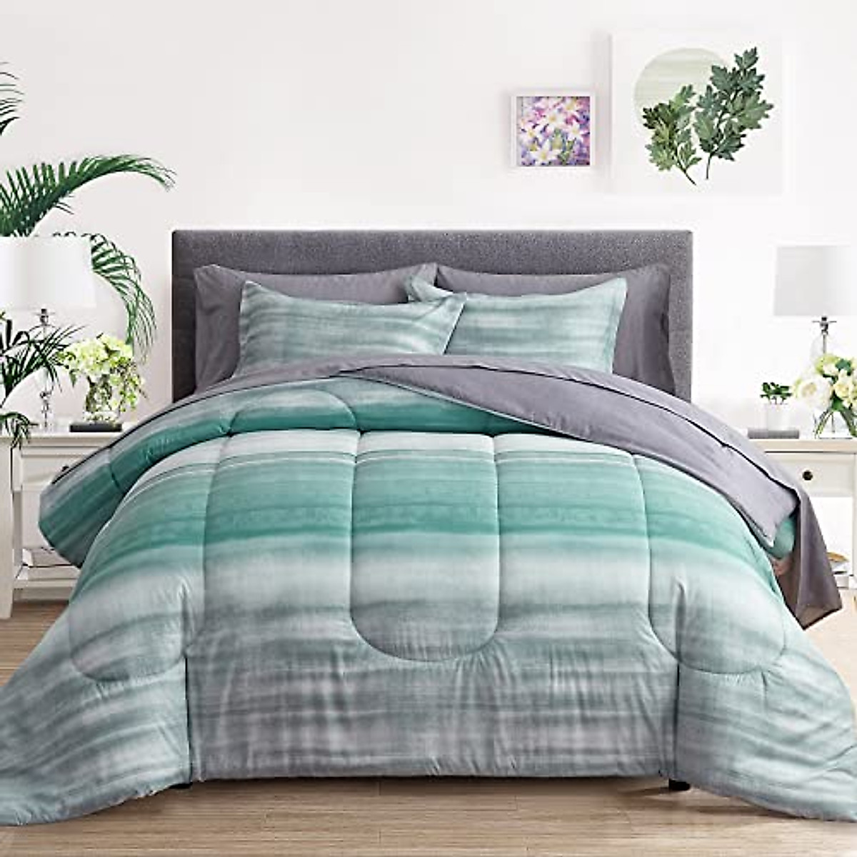 Joyreap 6 Piece Bed in a Bag Twin, Light Gray Stripes Reversible Design, Microfiber Comforter Set for All Season- 1 Comforter, 2 Pillow Shams, 1 Flat Sheet, 1 Fitted Sheet, 1 Pillowcase