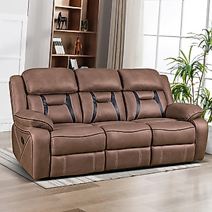 EBELLO Leather Manual Reclining Sofa, 3 Seat Recliner Sofa with Overstuffed Armrest and Headrest, Couch for Living Room, Bedroom Furniture, Meeting Room, Brown (3 Seat Sofa)