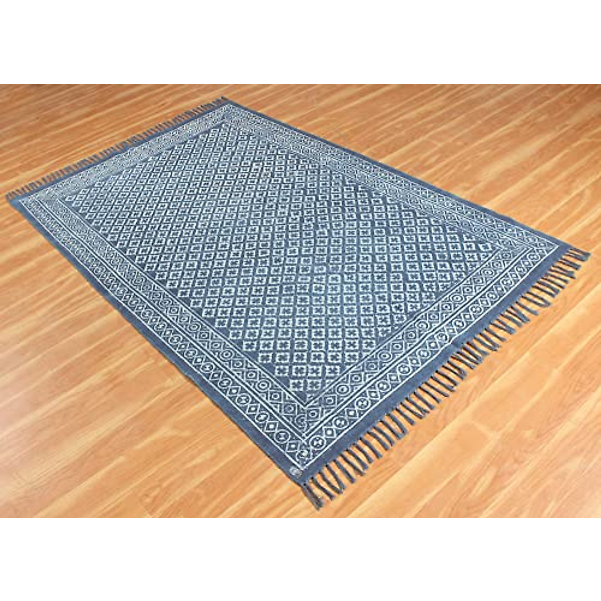 Indigo Blue Rug for Bathroom Handmade Cotton Durries Boho Kilim Rug Flat Weave Indoor Floor Decorative Rugs for Balcony Lounge Floor Bedroom Balcony