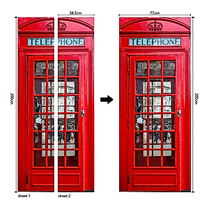 XIANGJUN Door Sticker Decor Removable Mural Wallpaper of PVC Art Sticker, London Red Phone Booth Wall Decal Art 3D Wallpaper