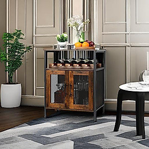 X-cosrack Wine Bar Rack Cabinet with Detachable Wine Rack, Coffee Bar Cabinet with Glass Holder, Small Sideboard and Buffet Cabinet with Mesh Door, Rustic Brown(Patent Pending)