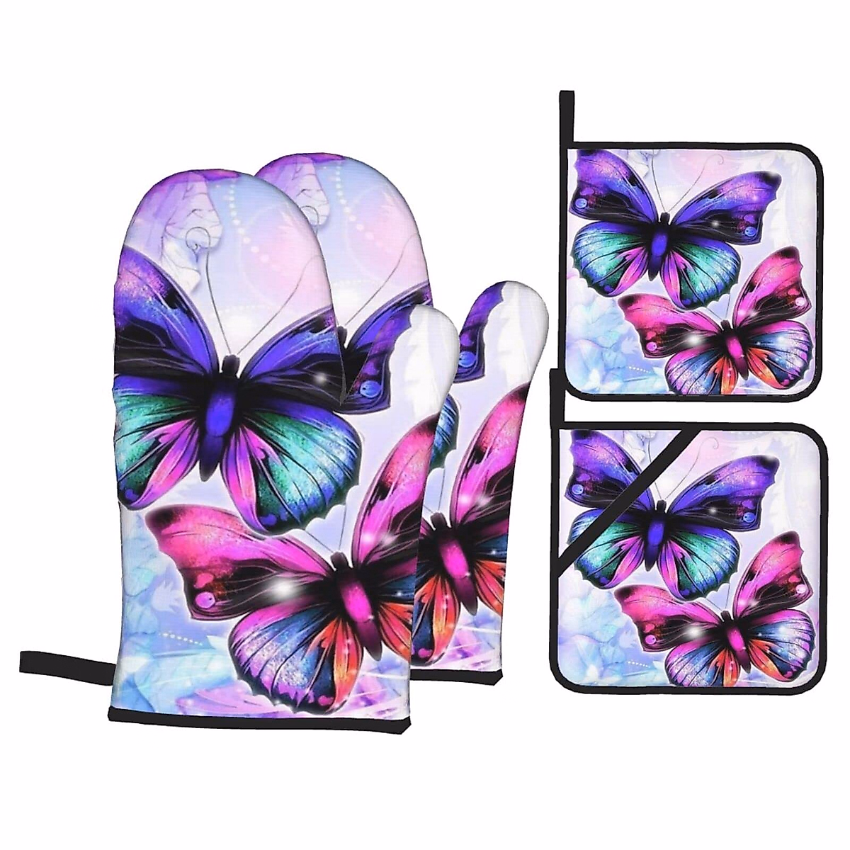 4-Piece Oven Glove and Pot Holder,Purple Butterfly (2),Heat-Resistant Oven Glove and Pot Holder,Can Be Used for Cooking and Grilling