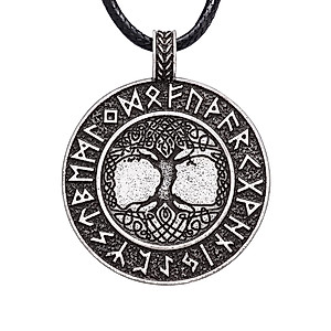 HAQUIL Tree of Life Necklace, Viking Runes Yggdrasil Medallion Pendant, Faux Leather Cord, Viking Jewelry Gift for Women