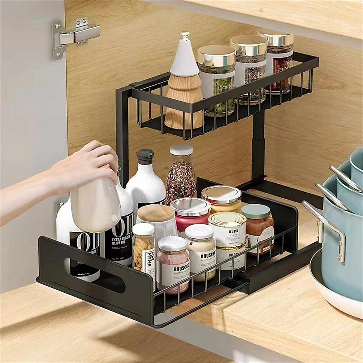 Under Sink Cabinet Organizer 2 Tier Pull Out Cabinet Organizer Cabinet Storage Shelf Multi-purpose Storage Shelf for Bathroom Kitchen (Black)