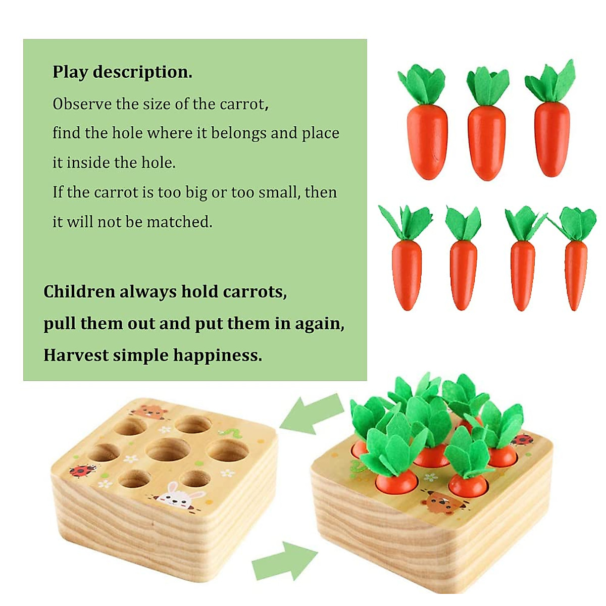 LOOJOY Wooden Toddlers Carrots Toys Shape Size Sorting Matching Puzzles Gripping Action Carrot Harvest Game for Fine Motor Skill