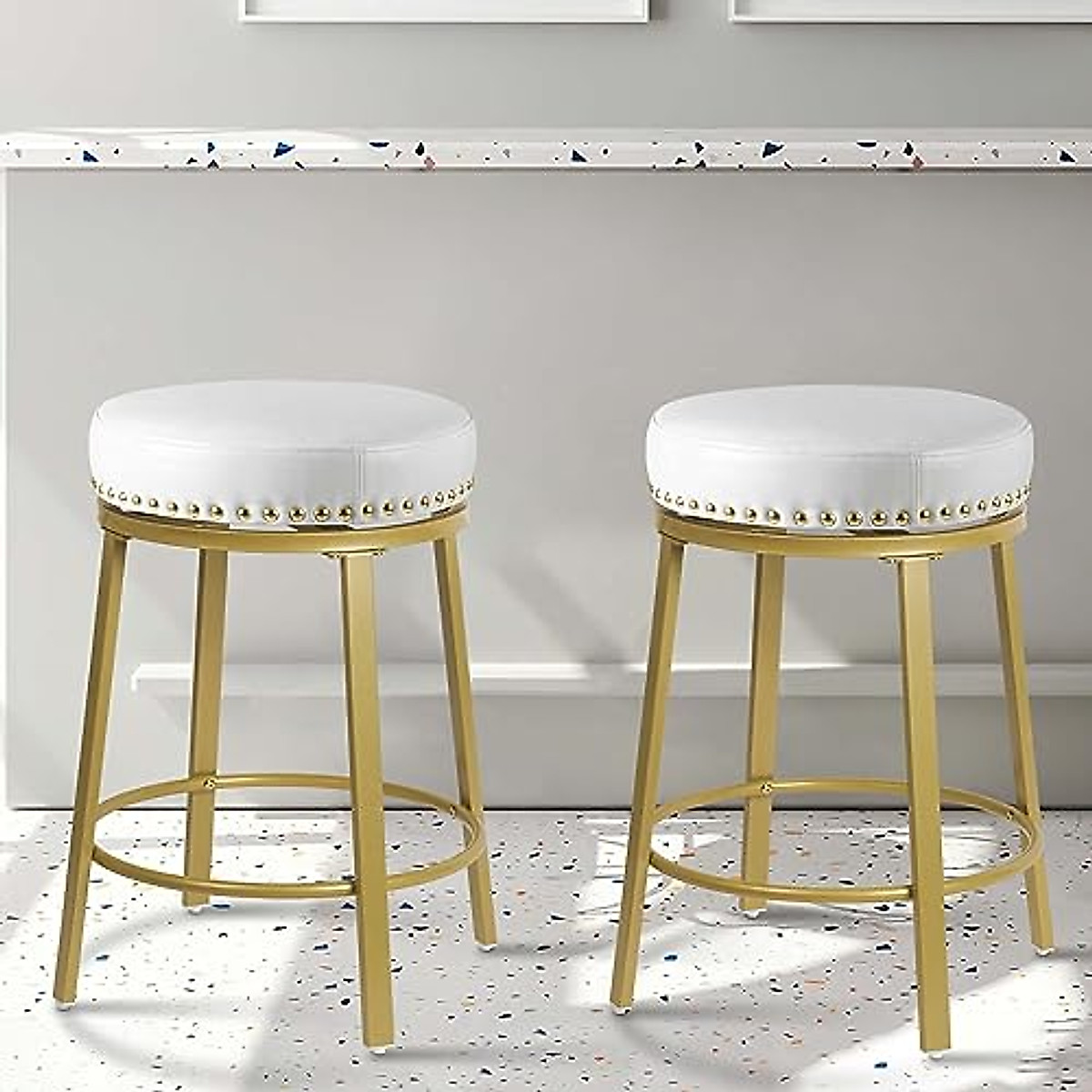 FLYZC White & Gold Bar Stools Set of 2 Counter Height 24 Inches Swivel Bar Stools for Kitchen Counter Island Backless Modern Gold Barstools Upholstered Faux Leather Round Counter Stools, White+Gold