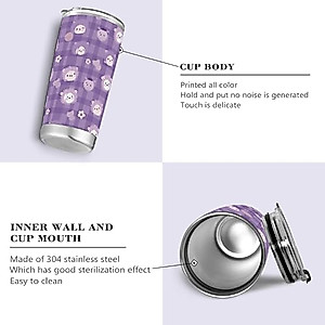 sanluoli Purple Hedgehogs Checkered Plaid Stainless Steel drinking cups with lids with Straw Leak Resistant Flip travel coffee mug for Home, Office or Car cute straw tumbler 20 OZ