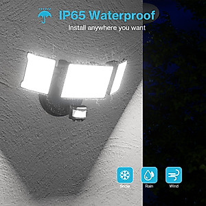 Olafus 65W Flood Light Outdoor Motion Sensor Light, LED Security Light IP65 Waterproof, 6000LM Motion Activated Light 3 Head Floodlight, 6500K Exterior Sensor Light for Garage Yard Porch Patio, Black