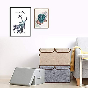 UUJOLY Large Storage Bins Linen Fabric Foldable Basket Cubes Organizer Storage Box Drawer with Lid and Handles for Home, Office, Closet, Bedroom, Nursery (Gray)