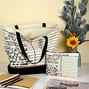 2 Pcs Library Due Date Tote Bag Library Due Date Cards Stamp Sign Canvas Toiletry Bag Vintage Tote Splicing Bag Library Book Bag Librarian Gifts for Women Teacher Graduation Book Lovers