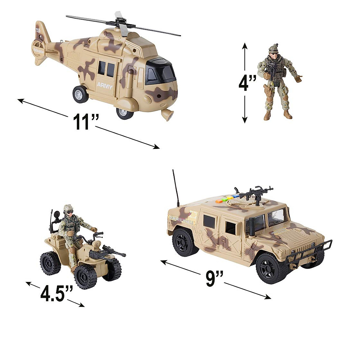 Dazmers Military Army Toys, Action Soldier Figures and Vehicles Set - Army Helicopter Toy, Truck, Quadbike - Lights and Sounds - Friction Powered Army Trucks