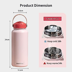Blackube 32oz Insulated Water Bottle with Straw Lid, Stainless Steel Water Bottles Keeps Hot and Cold for School, Fitness, Outdoor and Camping-Pink