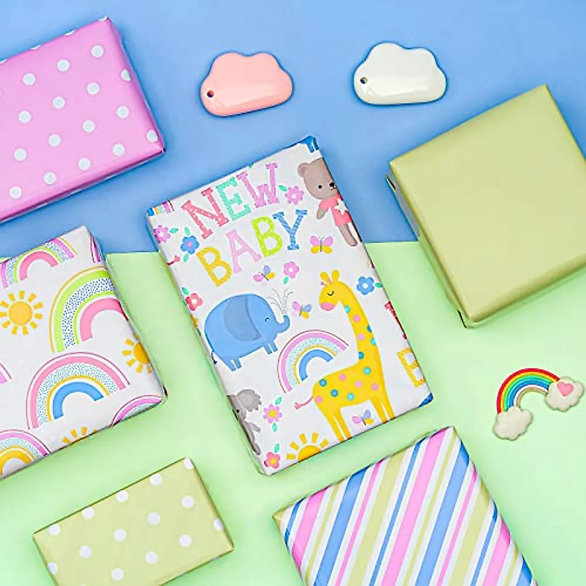 WRAPAHOLIC Reversible Baby Shower Wrapping Paper - Mini Roll - 3 Rolls - 17 Inch X 120 Inch Per Roll - Solid Green, Polka Dot, Stripes, Rainbows, Cute Animals & New Baby Lettering