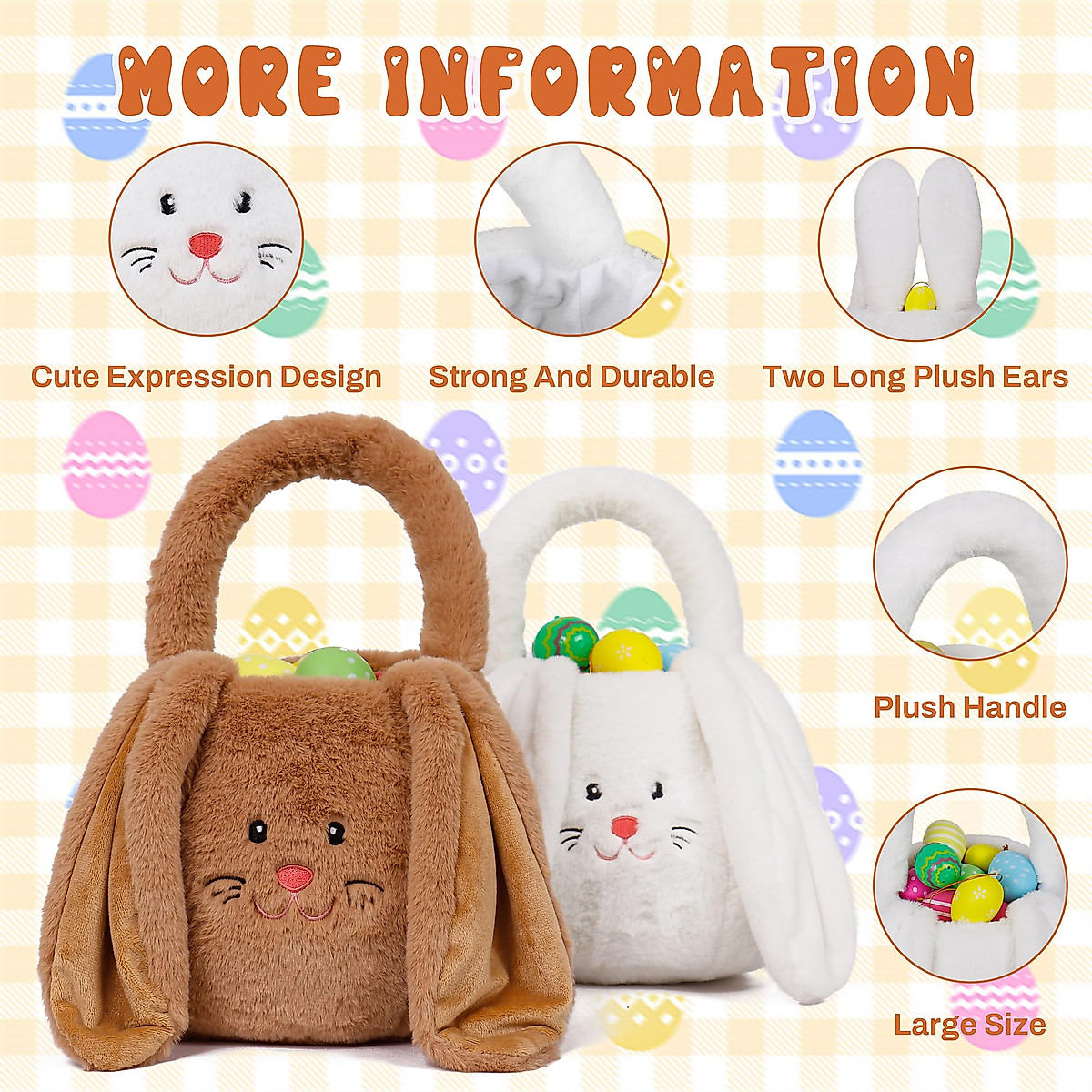 OurHonor Easter Basket Plush, Bunny Easter Basket For Kids, Plush Easter Buckets With Long Ear Easter Bags for Boys Girls, Easter Tote Bags For Decorations Gifts Storage (Brown)