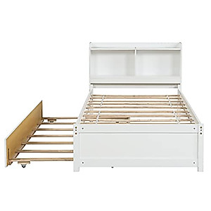 Twin Bed with Trundle, Twin Size Platform Bed with Bookcase Headboard and Pull Out Trundle Bed, Wooden Twin Bed Frame with Storage Shelves, No Box Spring Needed (Twin, White)