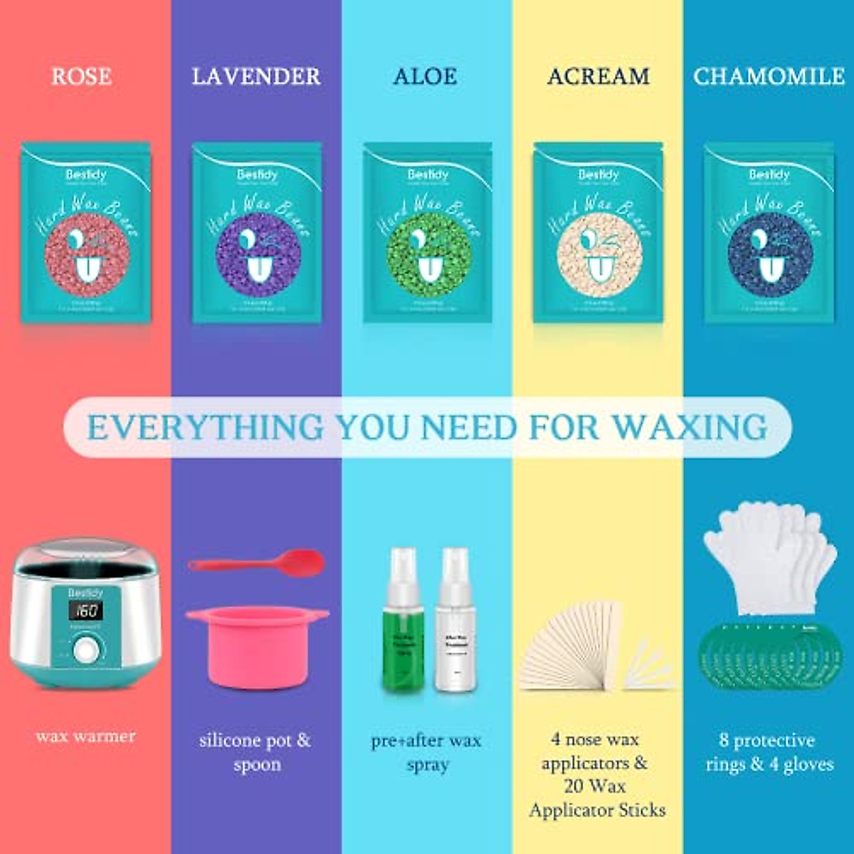 Bestidy Waxing Kit for Women and Men Home Wax Warmer with 5 Pack Hard Wax Beads Hot Wax Hair Removal for Brazilian Body Underarm Bikini Chest Legs Face Eyebrow (White)